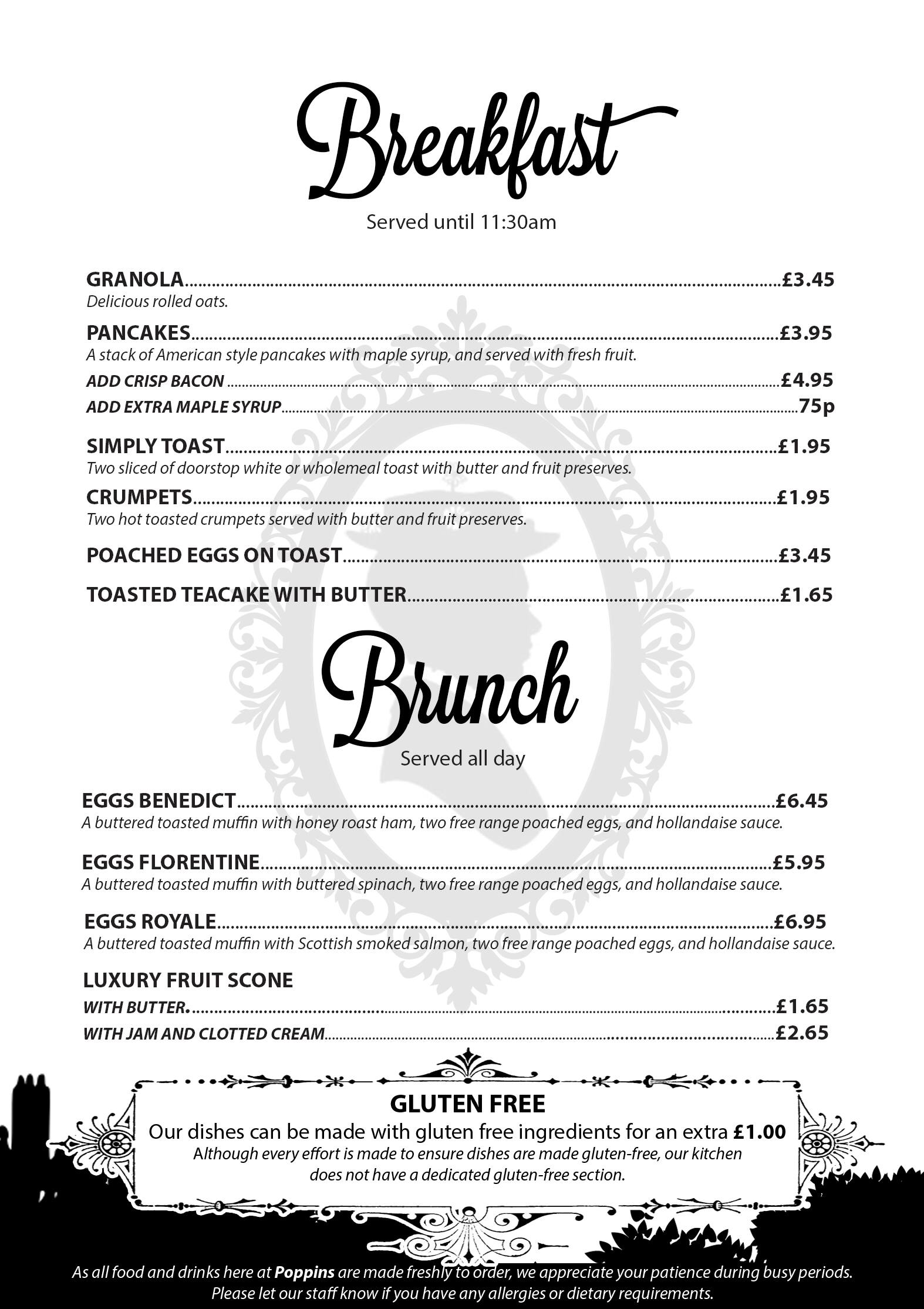 Menu at Poppins Tearooms cafe, Manchester