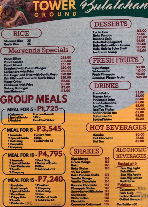 Carta del restaurante Tower Ground Bulalohan, Tagaytay, 4X32+3X8