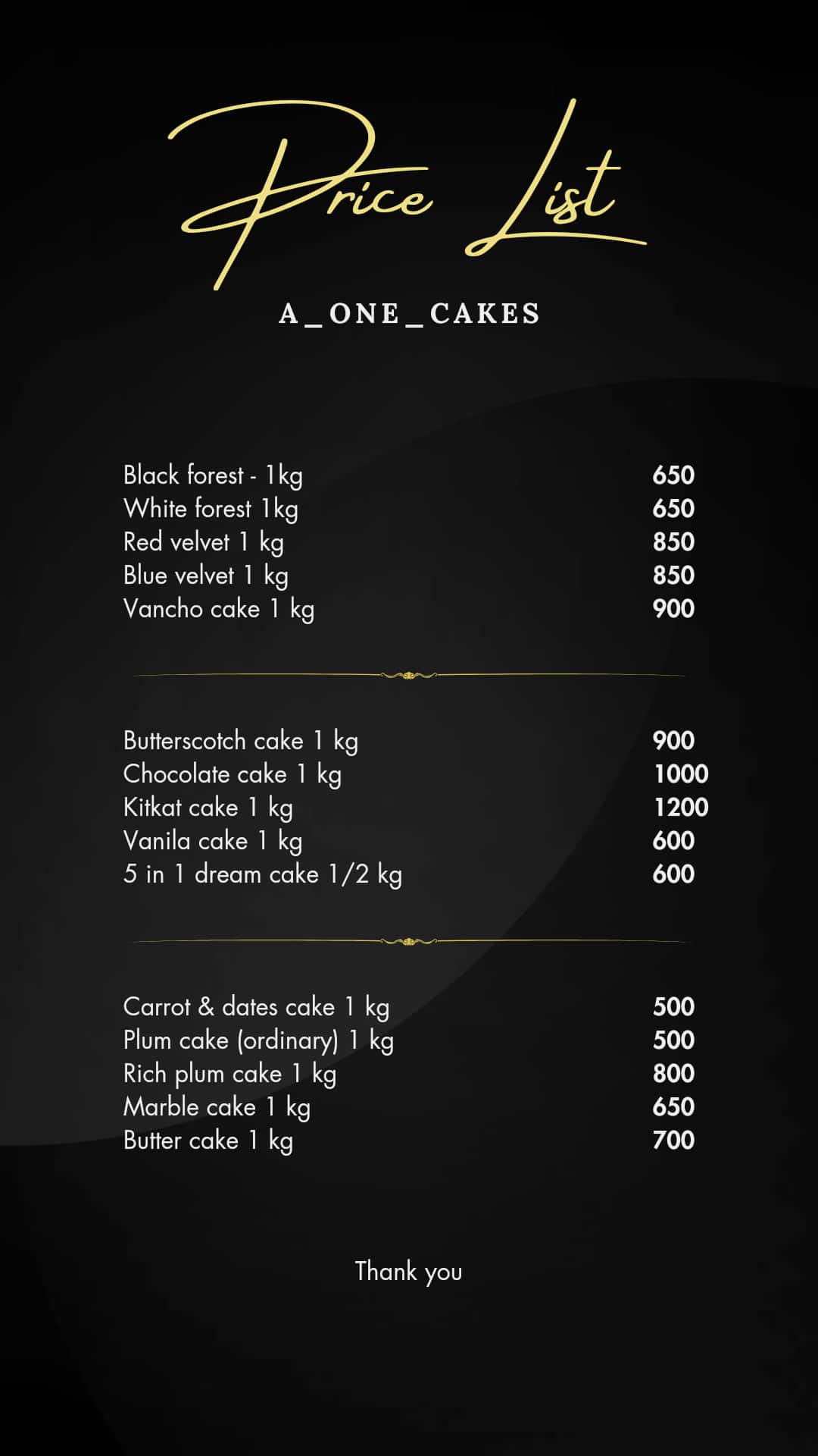 Menu of A One Cakes, Tripunithura, Kochi