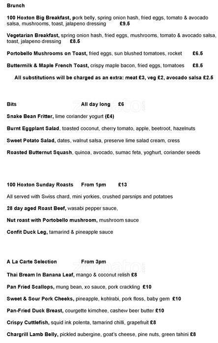 Menu at 100 Hoxton pub & bar, London