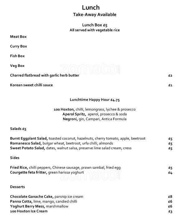 Menu at 100 Hoxton pub & bar, London