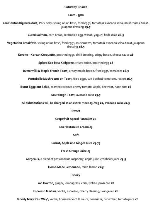 Menu at 100 Hoxton pub & bar, London