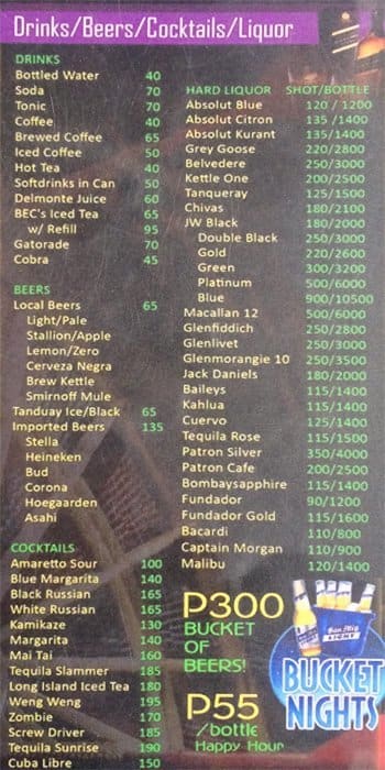 Menu at BEC Sportsbar and Restaurant, Makati