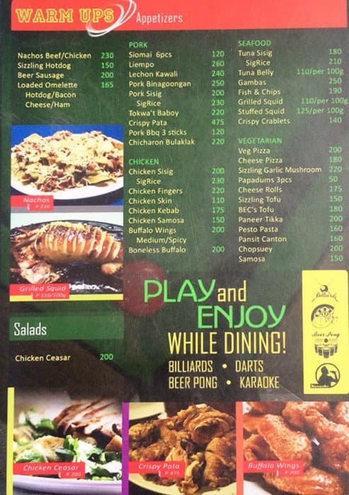 Menu at BEC Sportsbar and Restaurant, Makati