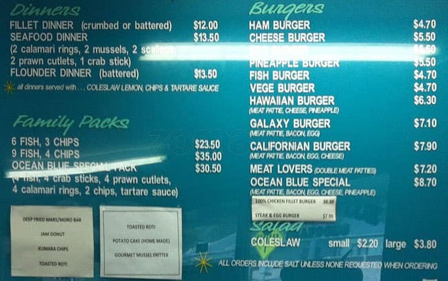 Menu at Ocean Blue Seafoods restaurant, Lower Hutt