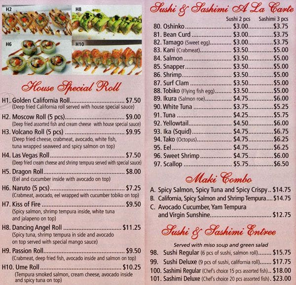 Menu at Ume Fashion Sushi restaurant, Toronto