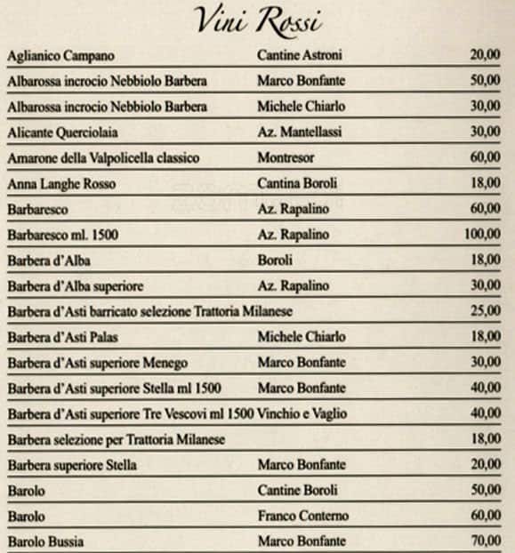 Menu at Trattoria Milanese restaurant, Milan, Via