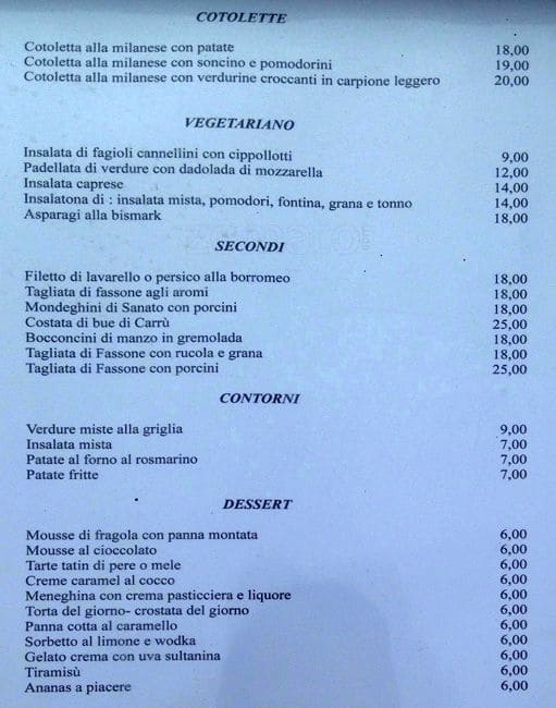 Menu at Trattoria Milanese restaurant, Milan, Via