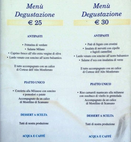 Menu at Trattoria Milanese restaurant, Milan, Via