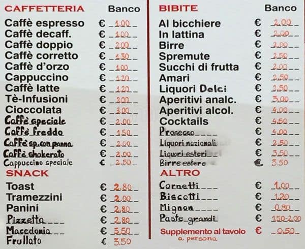 Menu at antica caffetteria trastevere, Rome, Viale di Trastevere