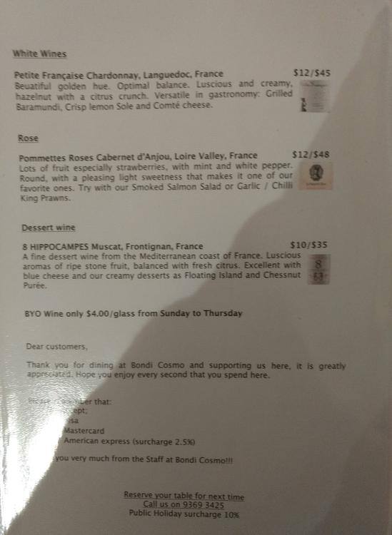 Menu at Bondi Cosmo Restaurant, Bondi