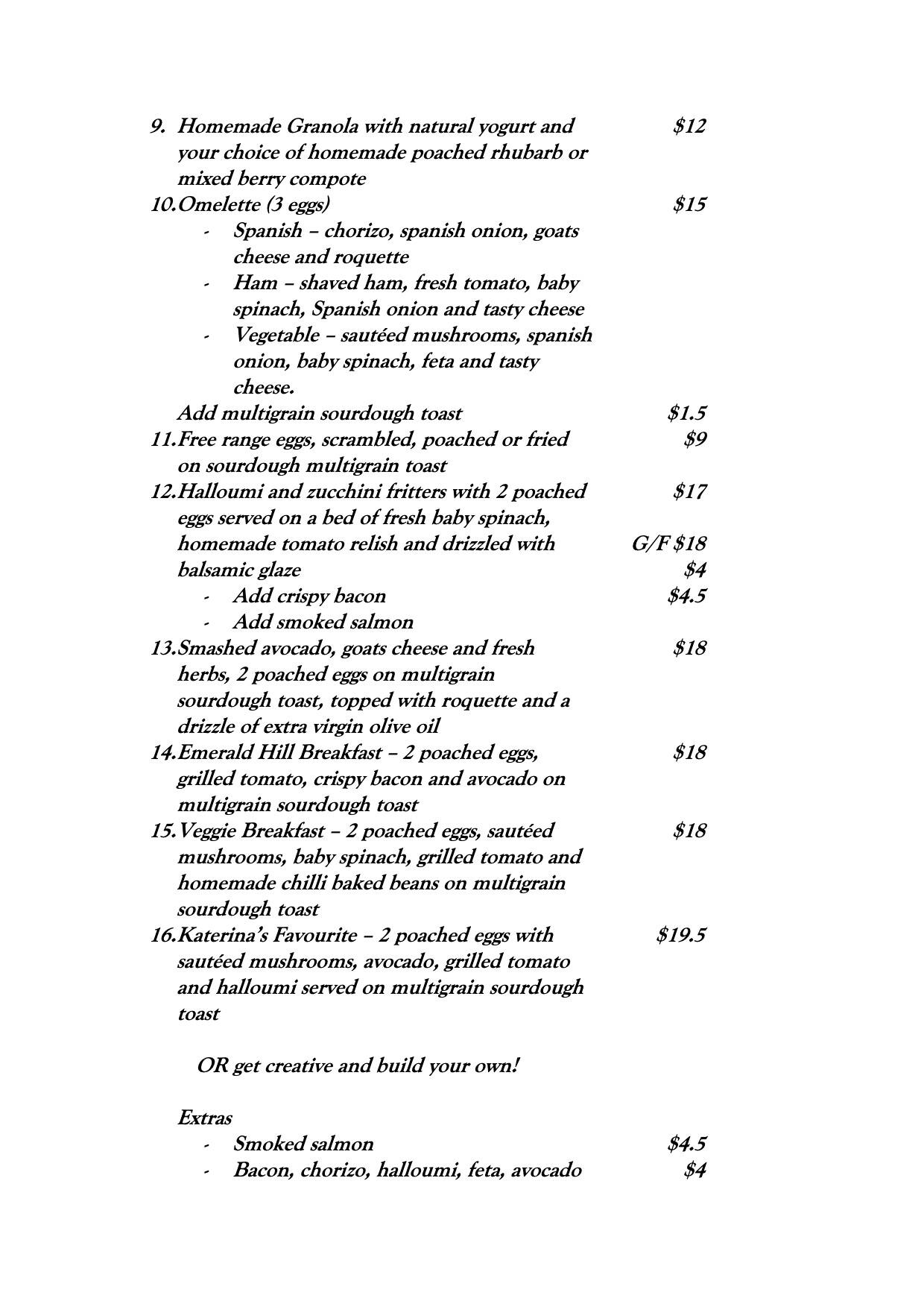 Menu at Emerald Hill Cafe South Melbourne, South Melbourne