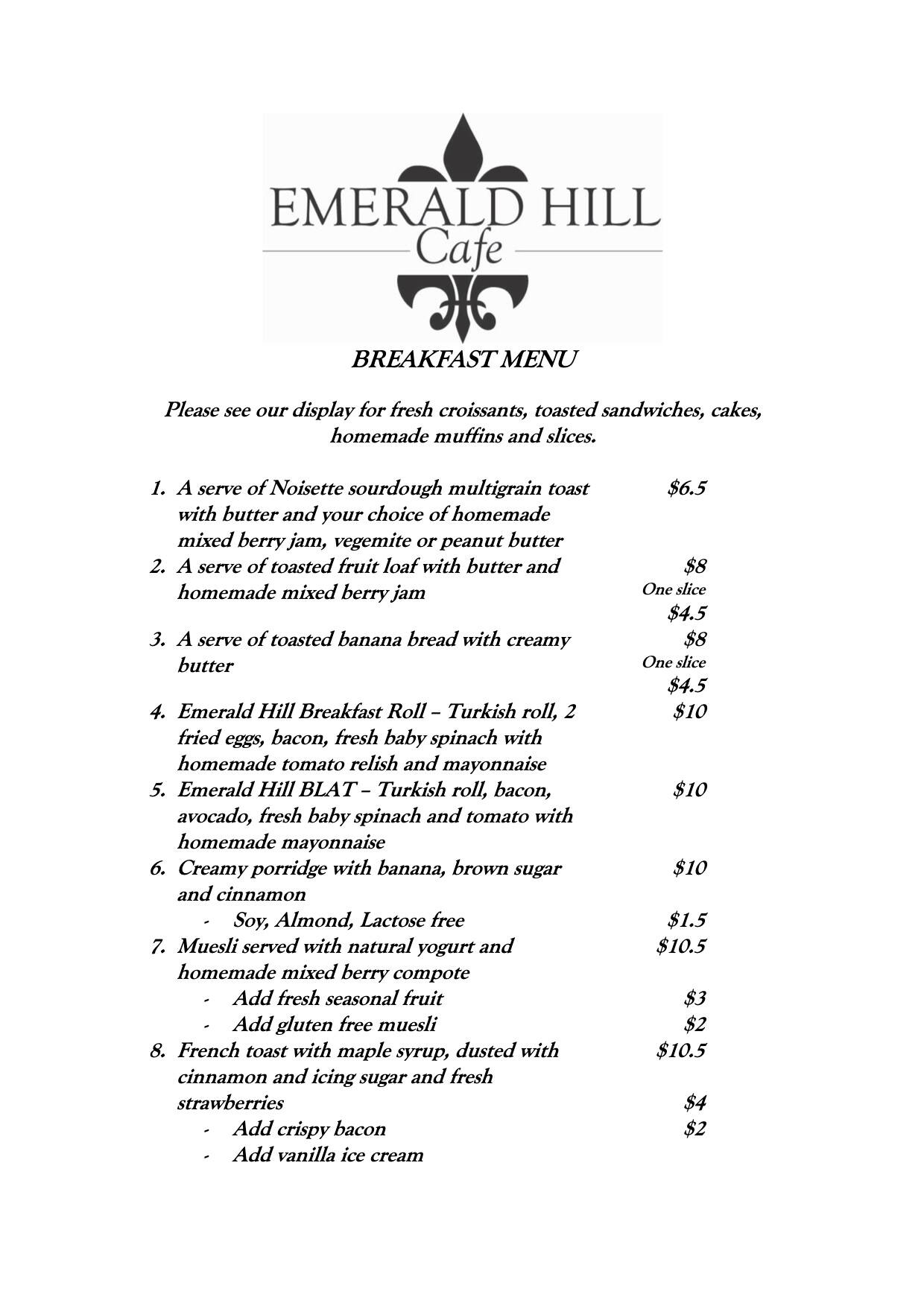 Menu at Emerald Hill Cafe South Melbourne, South Melbourne