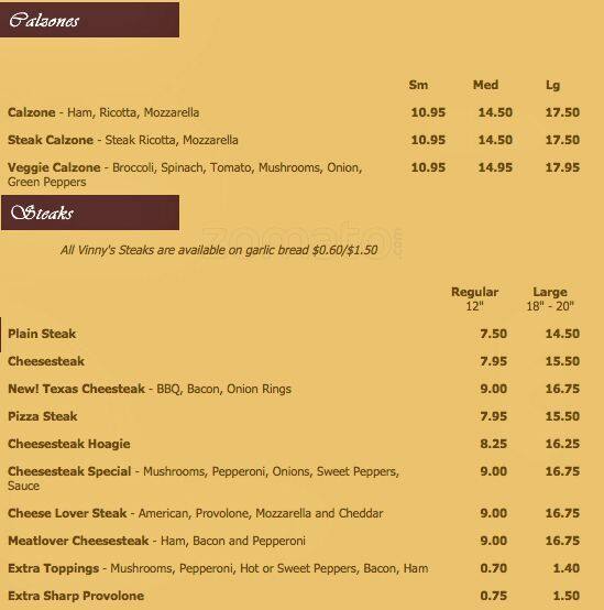 Menu at Vinny's Pizzarama pizzeria, Hatfield