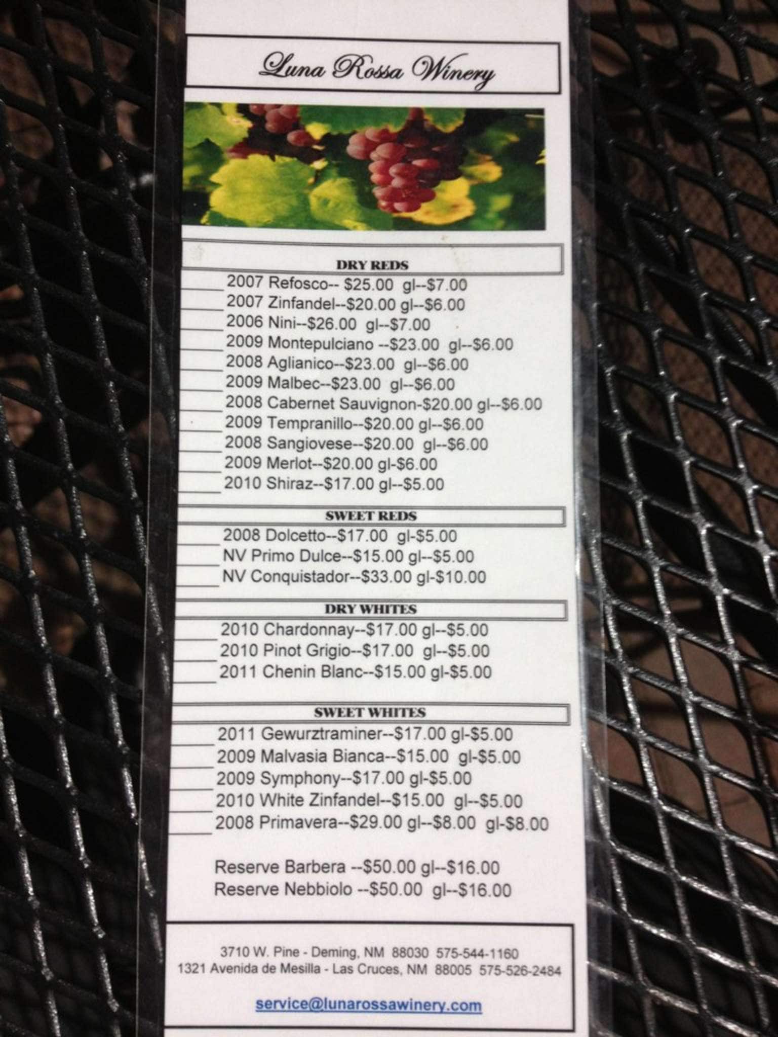 Menu at Luna Rossa Winery & Pizzeria, Las Cruces