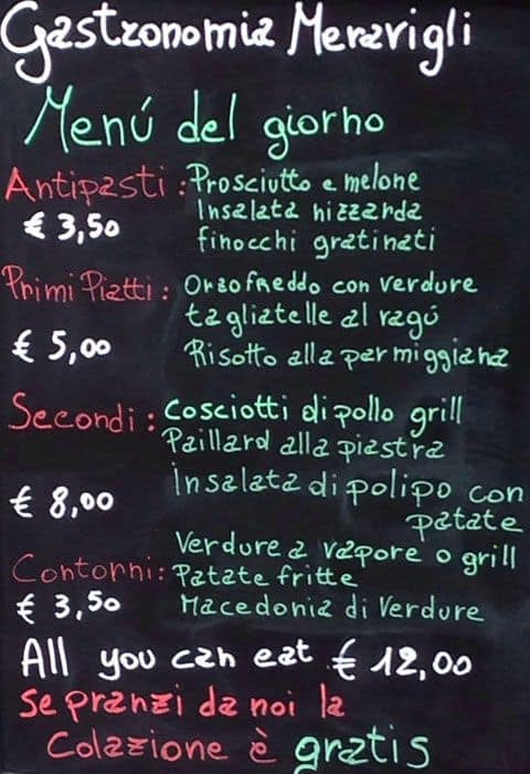 Menu at Bistrot Passerini cafe, Milan
