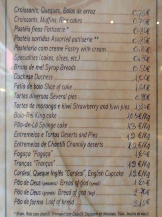 Menu at Confeitaria Aliança cafe, Porto, R. de Cedofeita 87