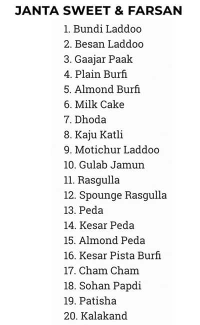 Menu of Janta Sweets & Farsan, Chakala, Mumbai