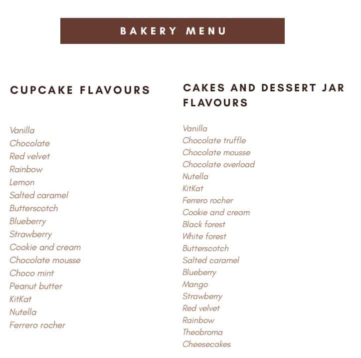 Menu at The Baker's Company, Chennai