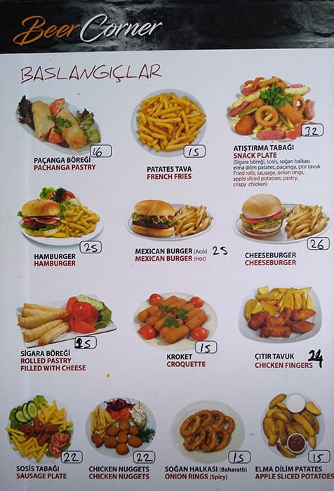 Menu at Beer Corner, Istanbul
