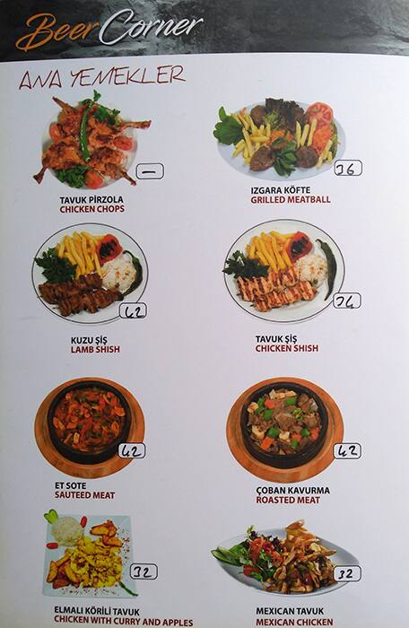 Menu at Beer Corner, Istanbul
