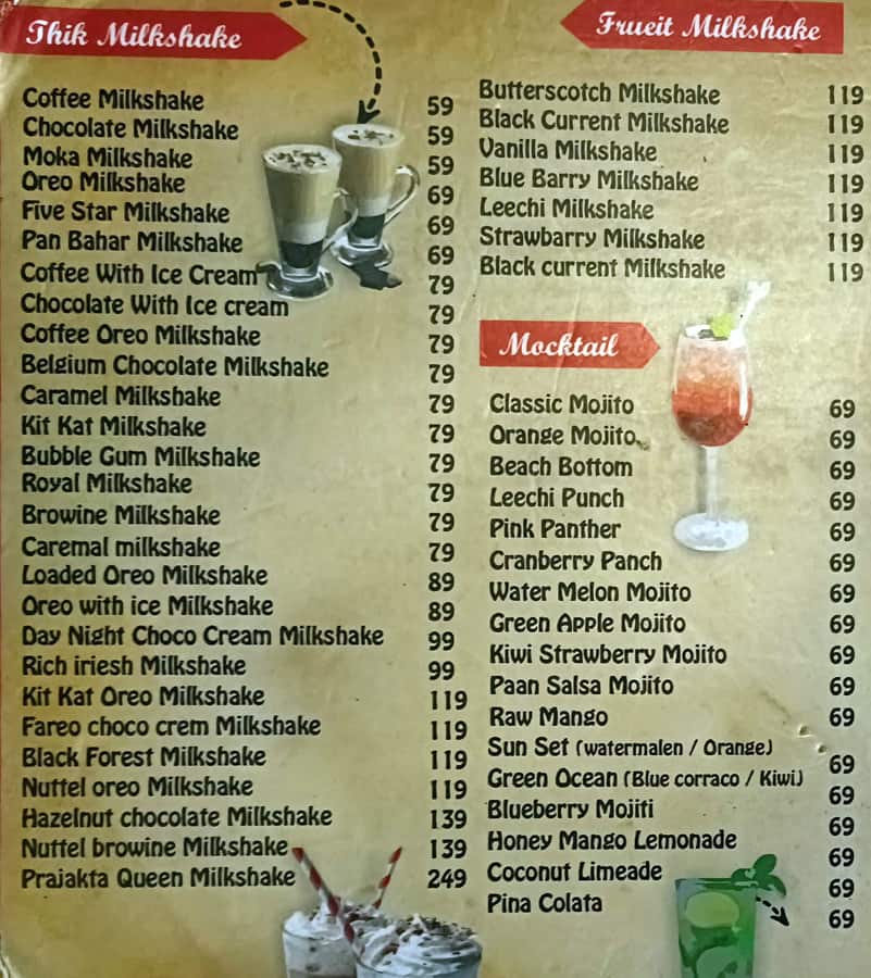Menu of Prajakta Cafe, Dadar Shivaji Park, Mumbai