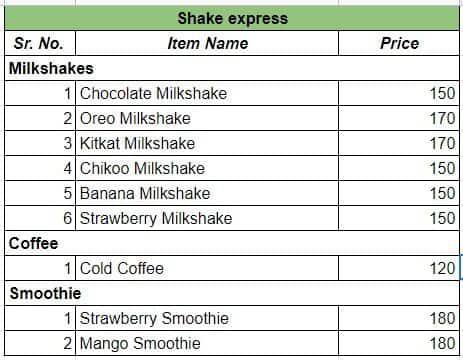 Menu of Shake Express, Gorai, Mumbai