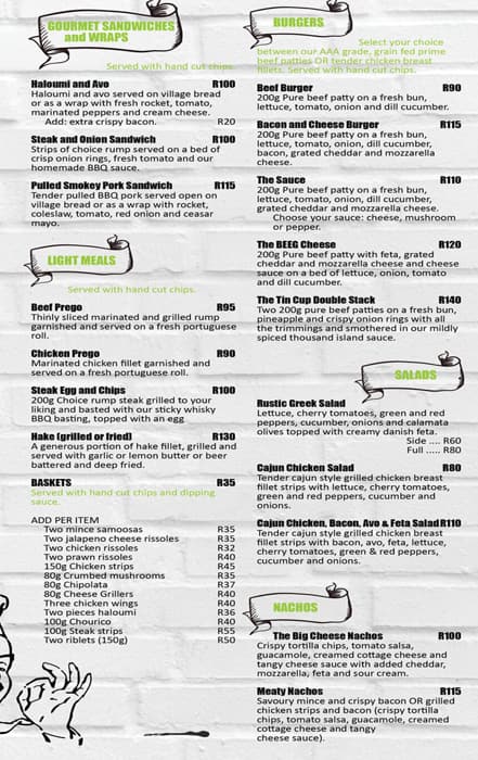 Menu at Tin Cup Driving Range and Restaurant, Johannesburg South