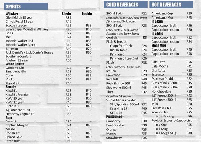 Menu at Tin Cup Driving Range and Restaurant, Johannesburg South