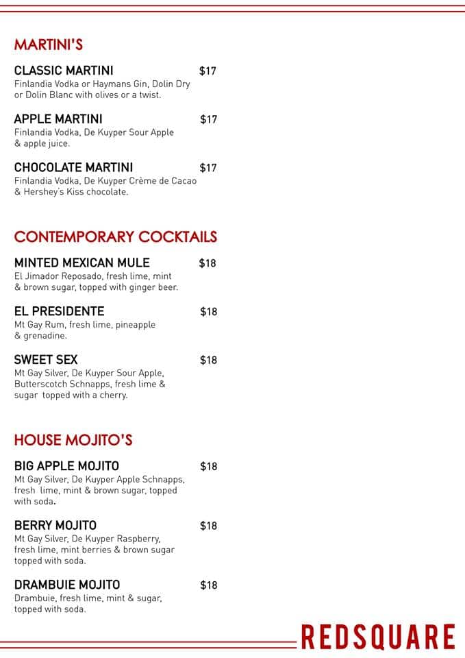 Menu at Red Square Bar, Wellington, 26 Blair St