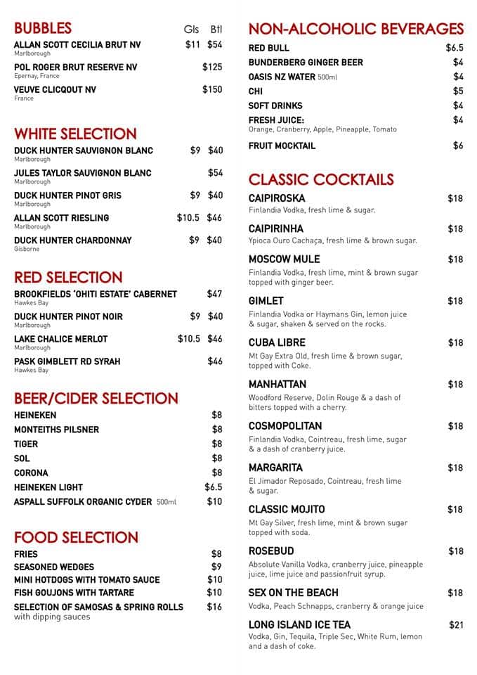 Menu at Red Square Bar, Wellington, 26 Blair St