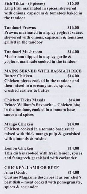 Menu at Coriander's Sumner restaurant, Christchurch, 11A Wakefield Ave