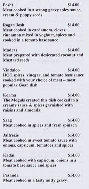 Menu at Coriander's Sumner restaurant, Christchurch, 11A Wakefield Ave