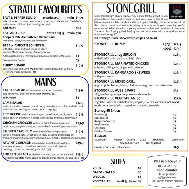 Menu at Strathmore Hotel pub & bar, Adelaide