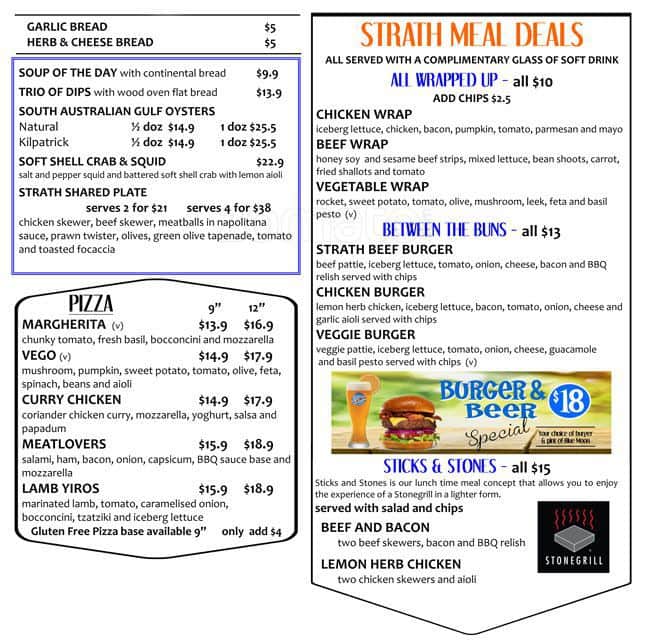 Menu at Strathmore Hotel pub & bar, Adelaide