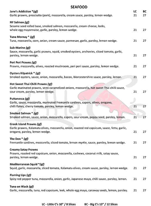 Menu at Little C's Hillarys restaurant, Sorrento