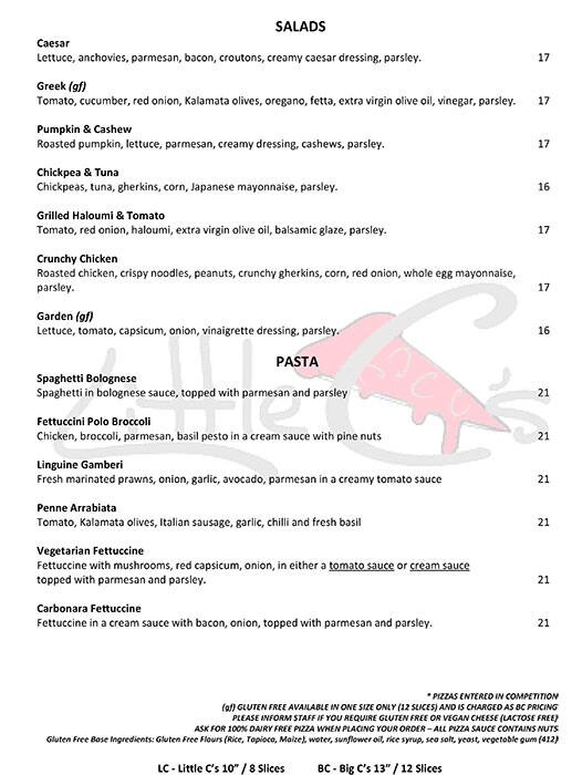 Menu at Little C's Hillarys restaurant, Sorrento