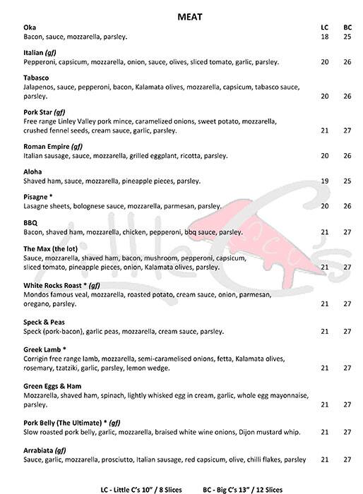 Menu at Little C's Hillarys restaurant, Sorrento