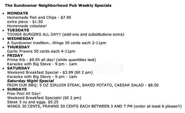 Menu at Sundowner pub & bar, Delta