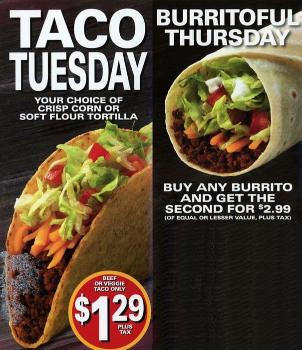 Menu at Taco Time restaurant, Vancouver, 701 West Georgia Street