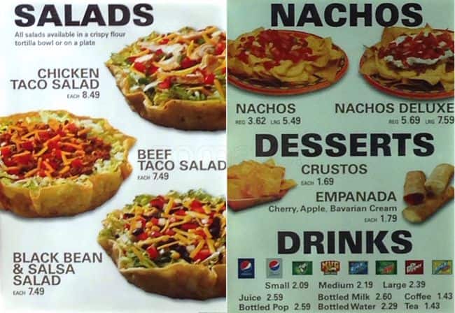 Menu at Taco Time restaurant, Vancouver, 701 West Georgia Street