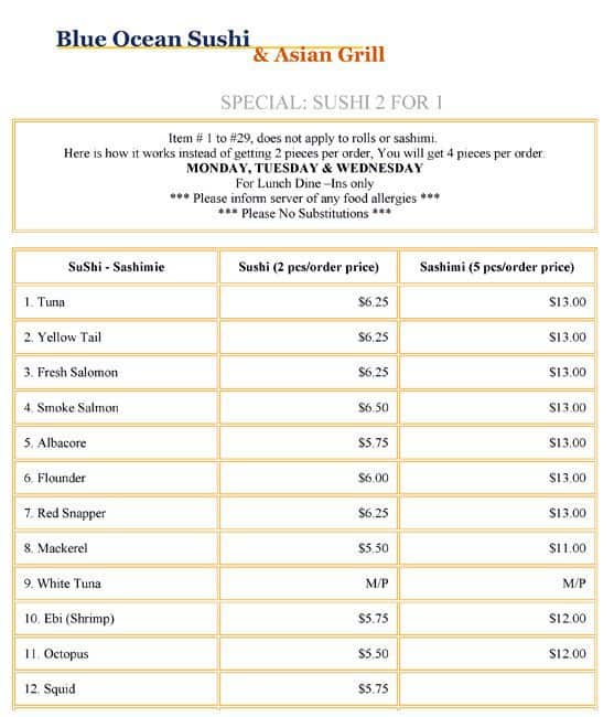 Menu at Blue Ocean Sushi & Asian Grill restaurant, Lewisville