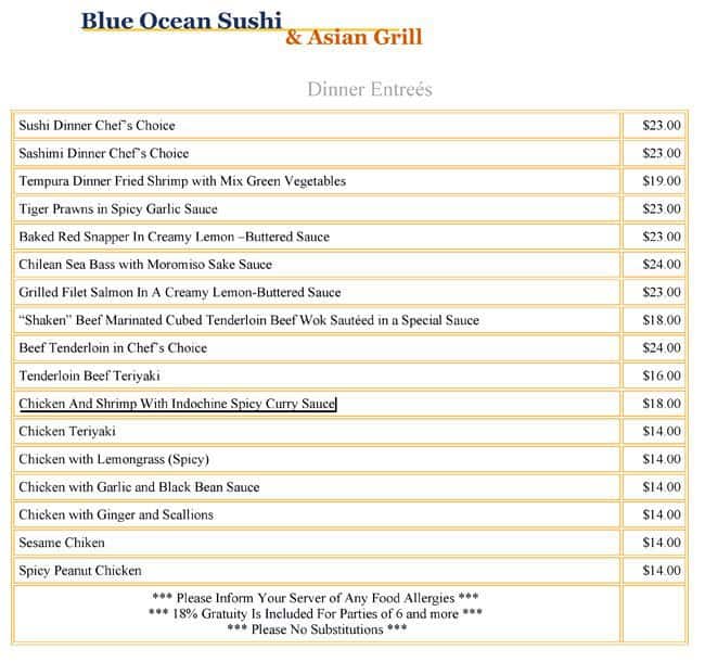 Menu at Blue Ocean Sushi & Asian Grill restaurant, Lewisville