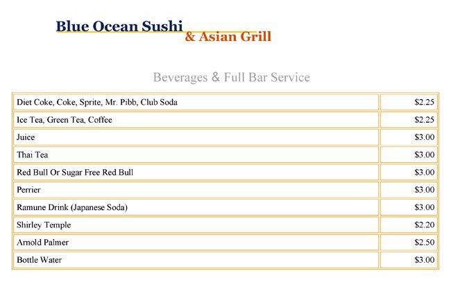 Menu at Blue Ocean Sushi & Asian Grill restaurant, Lewisville