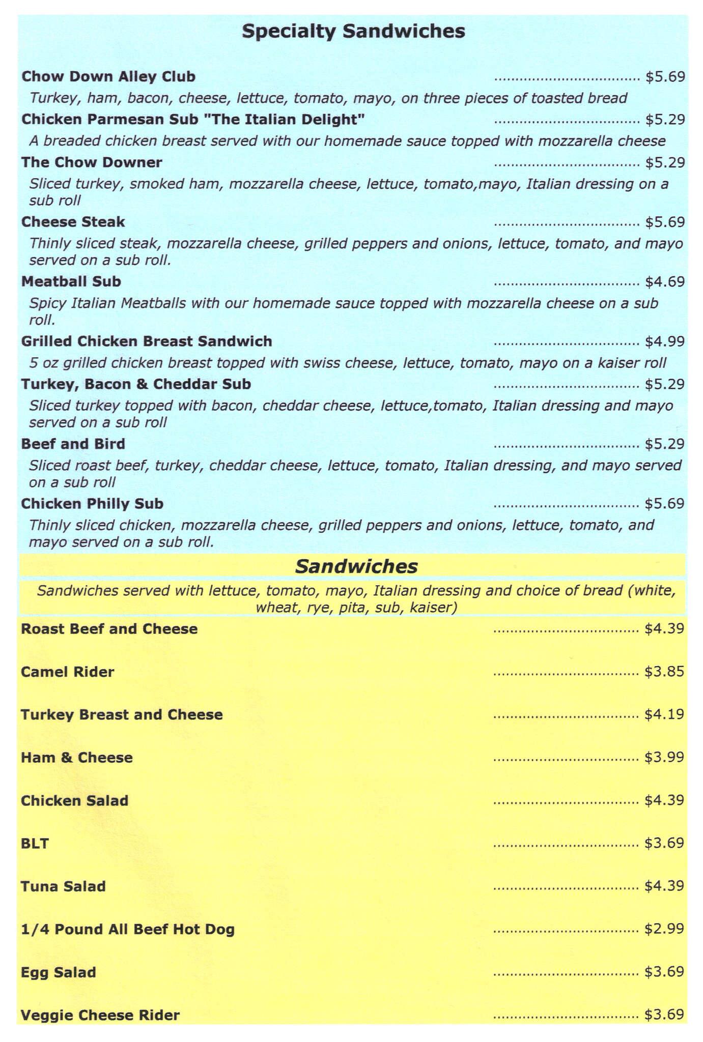 Menu at Chow Down Alley restaurant, Jacksonville