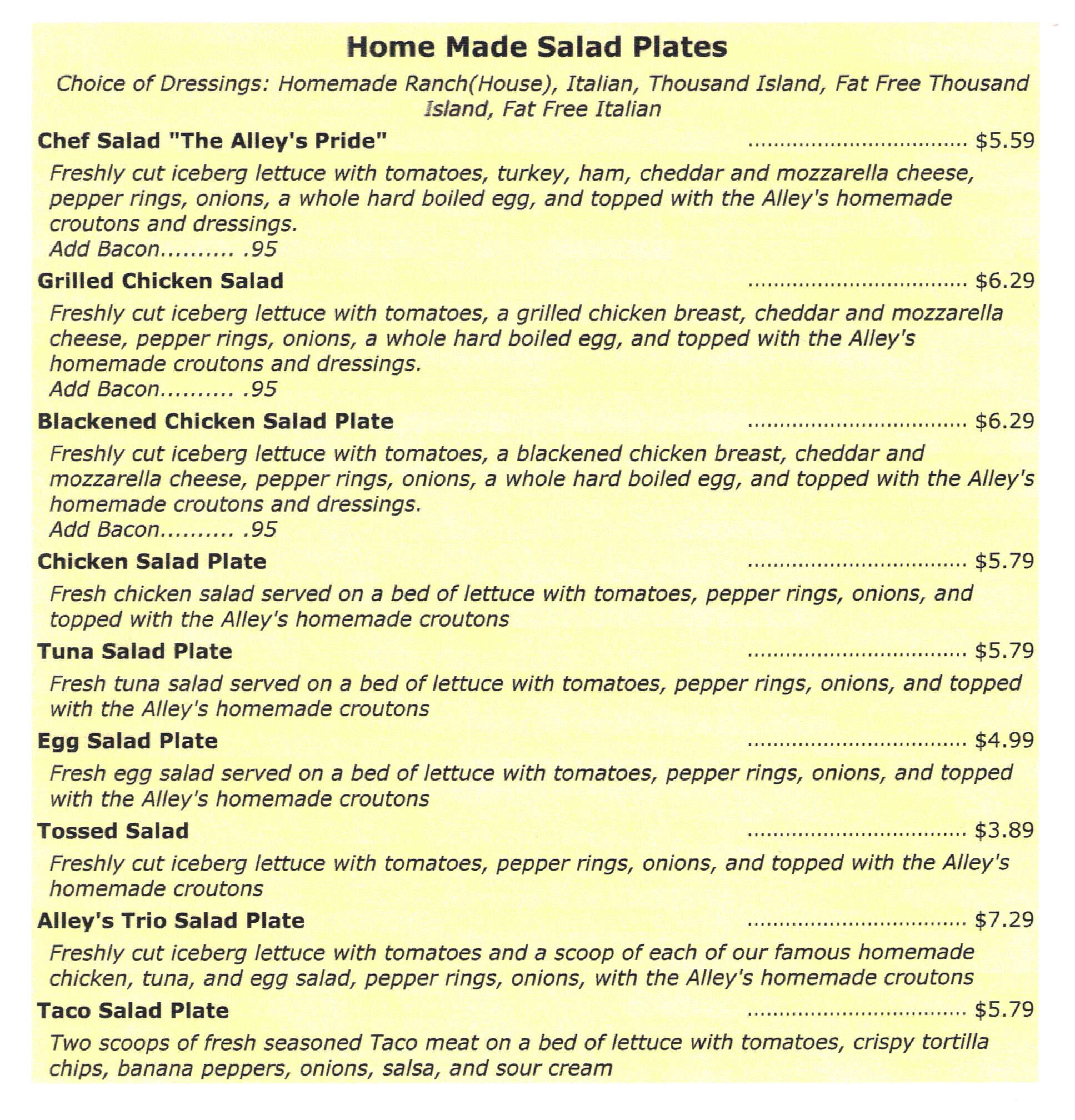 Menu at Chow Down Alley restaurant, Jacksonville