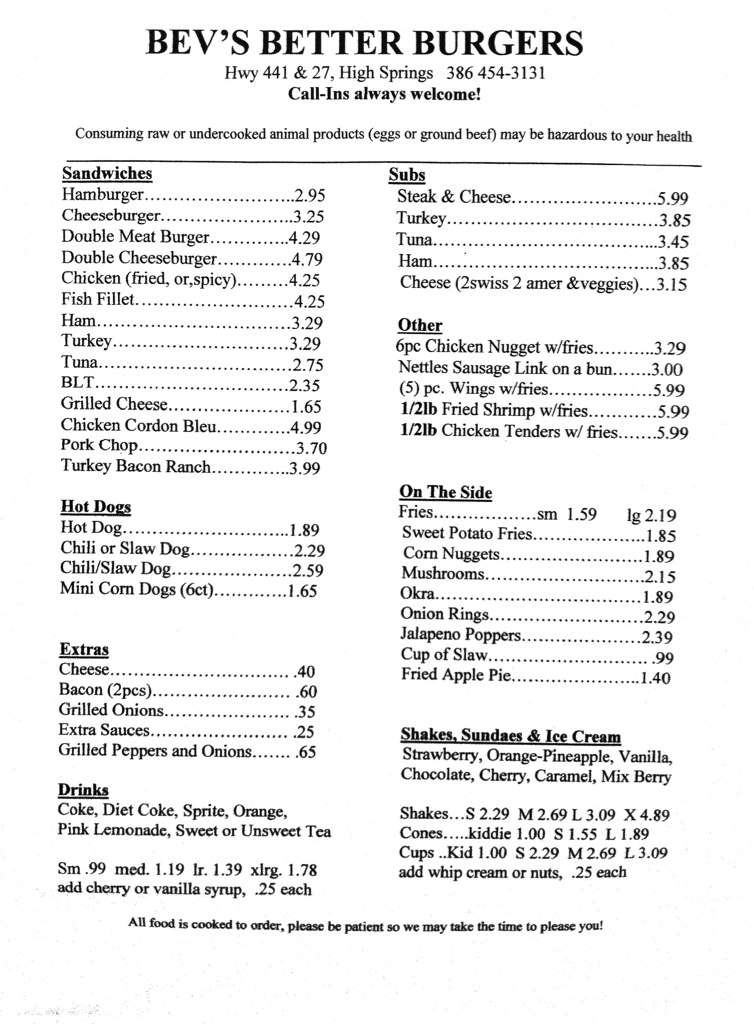 Menu at Bev's Burger Café BBQ, High Springs, NW US Hwy 441
