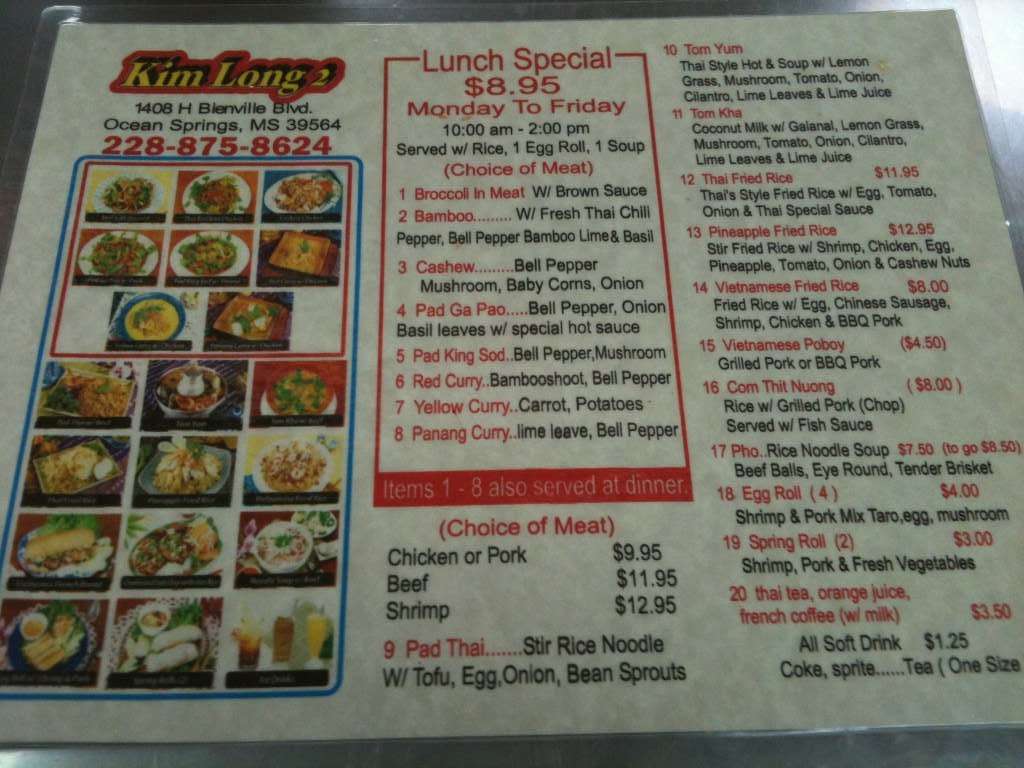 Menu at Kim Long 2 Vietnamese/Thai Cuisine restaurant, Ocean Springs