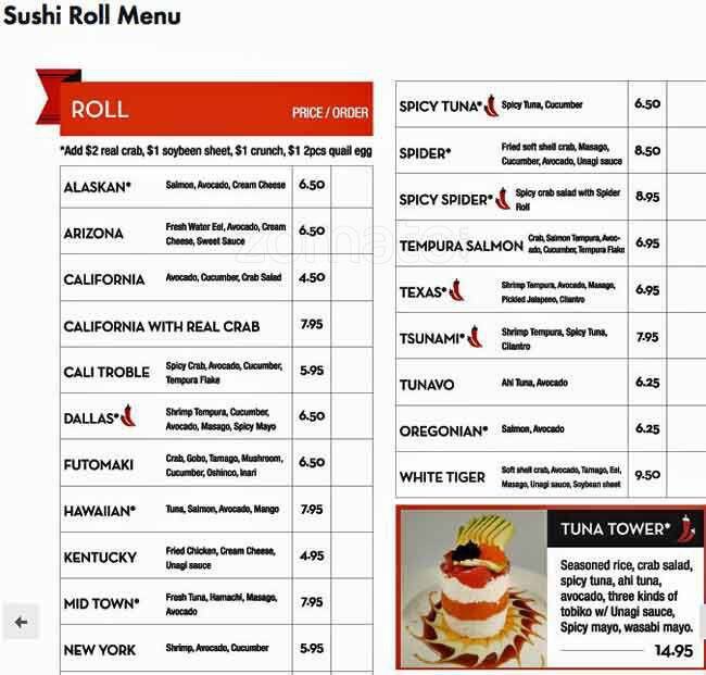 Menu at Hero Sushi restaurant, Hillsboro