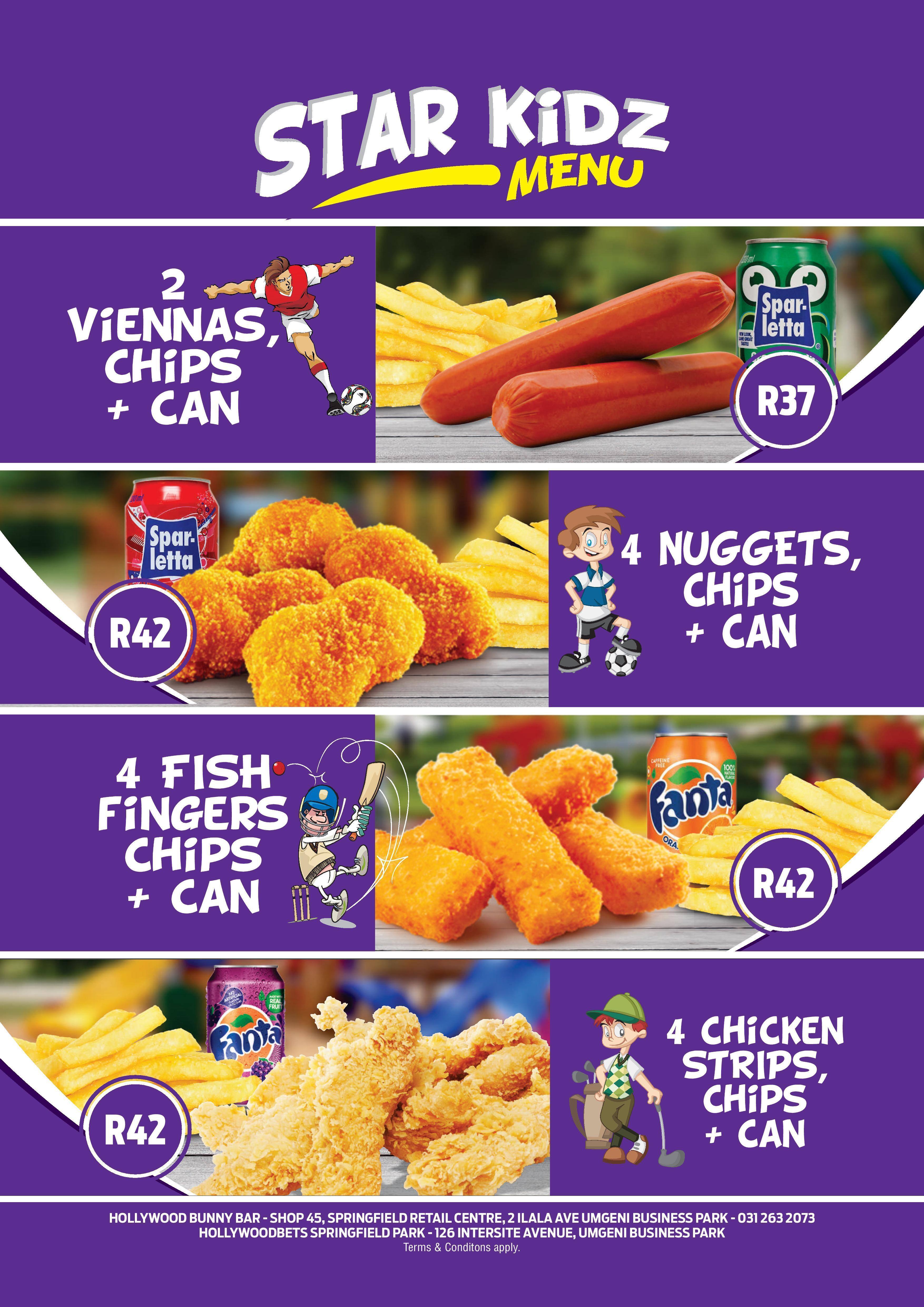 Menu at Hollywood Bunny Bar, Springfield Park, Durban